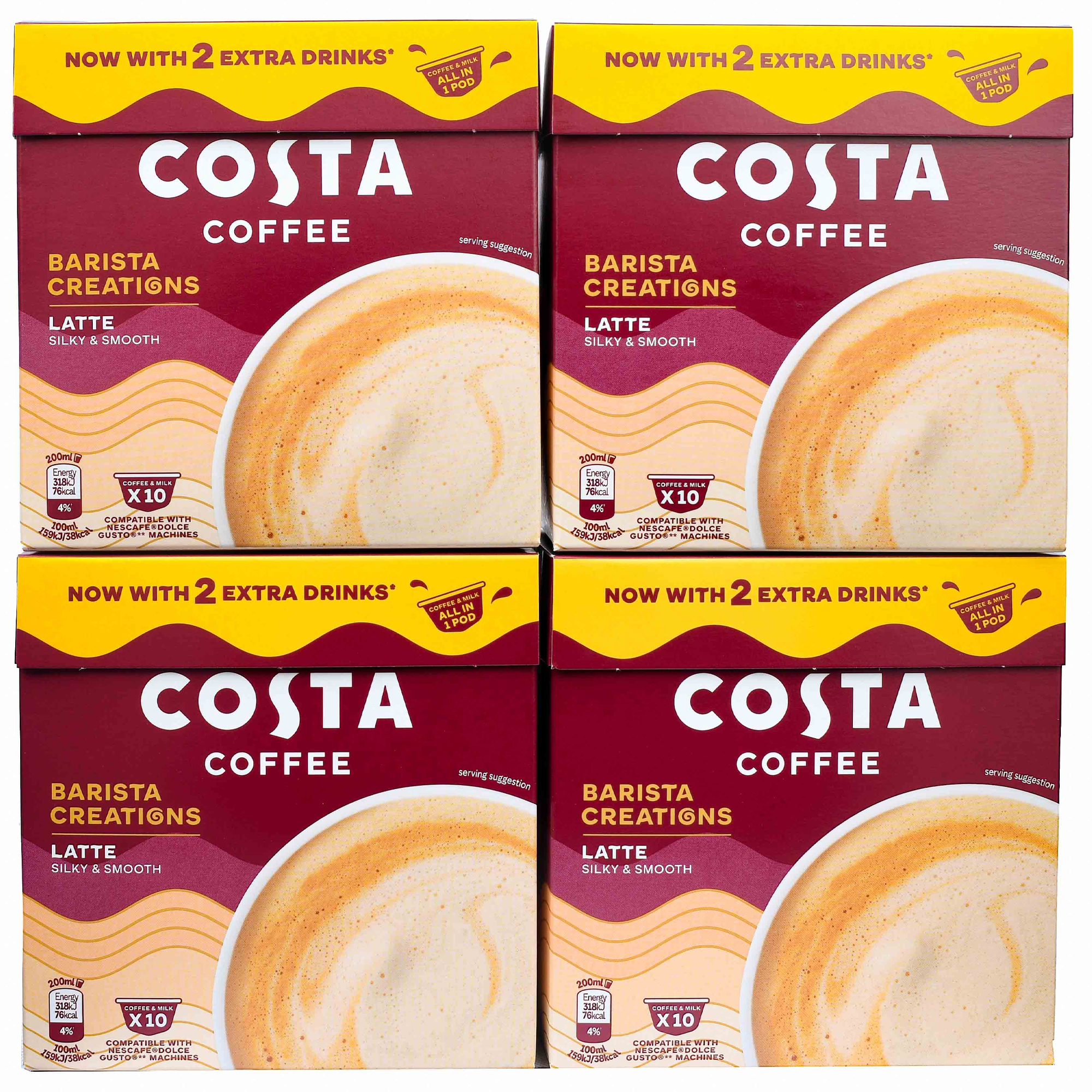Costa Coffee Pods Latte, 4 x Pack of 10 Dolce Gusto Pods - Coffee Emporium